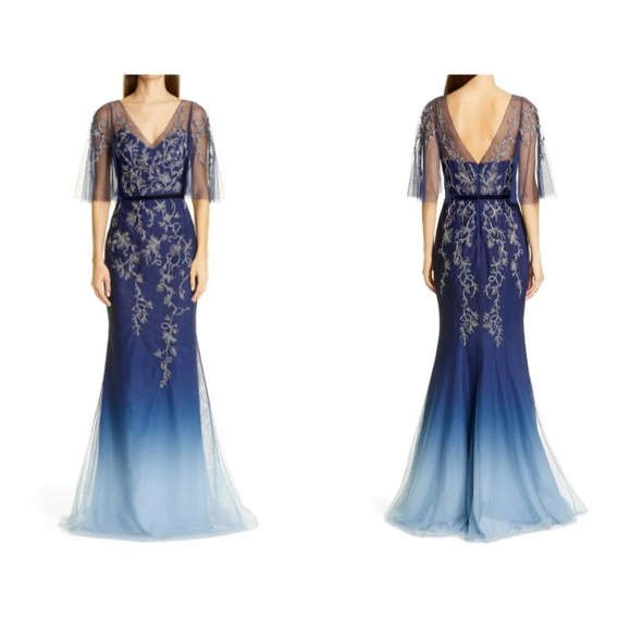 Marchesa | Dresses | Marchesa Notte Blue Ombre Floral Embroidered ...
